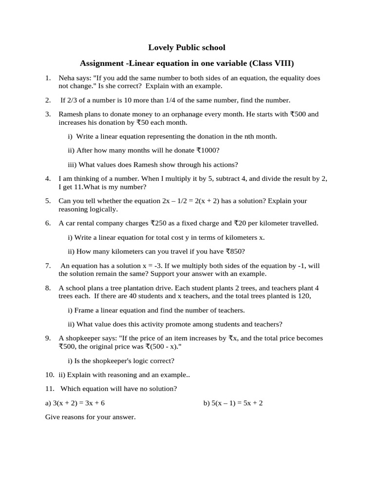 Class VIII Linear Equations Assignment | PDF