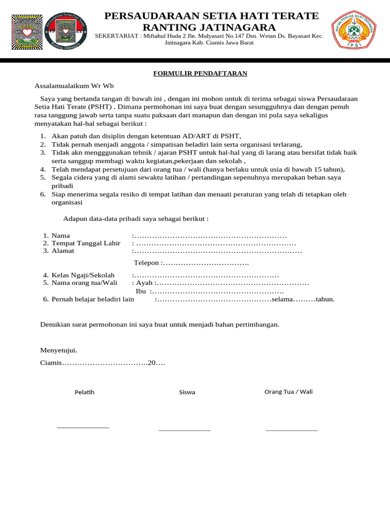 Formulir Pendaftaran PSHT | PDF
