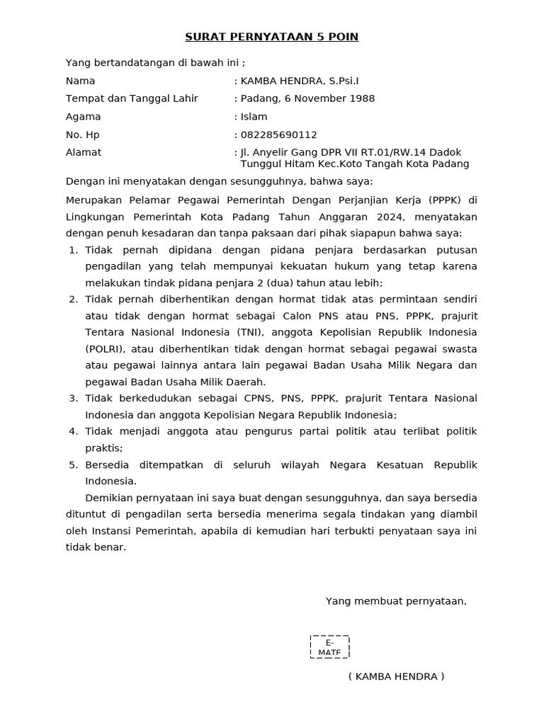 Kamba - Format Surat Pernyataan 5 Poin | PDF