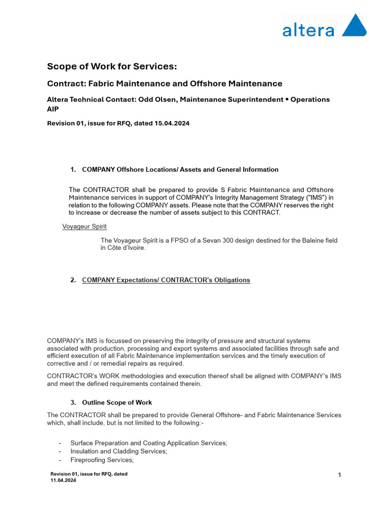 SoW Fabric MTN and Offsh. MTN | PDF | General Contractor | Inventory