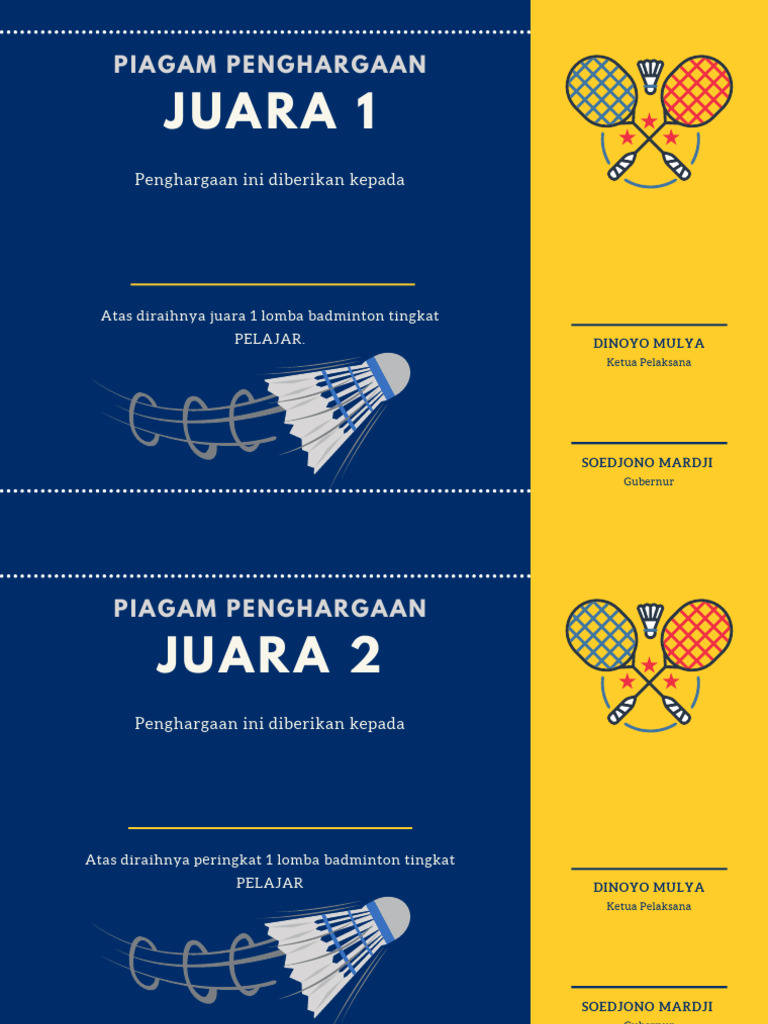 Sertifikat Piagam Penghargaan Pemenang Lomba Badminton Simple Navy | PDF