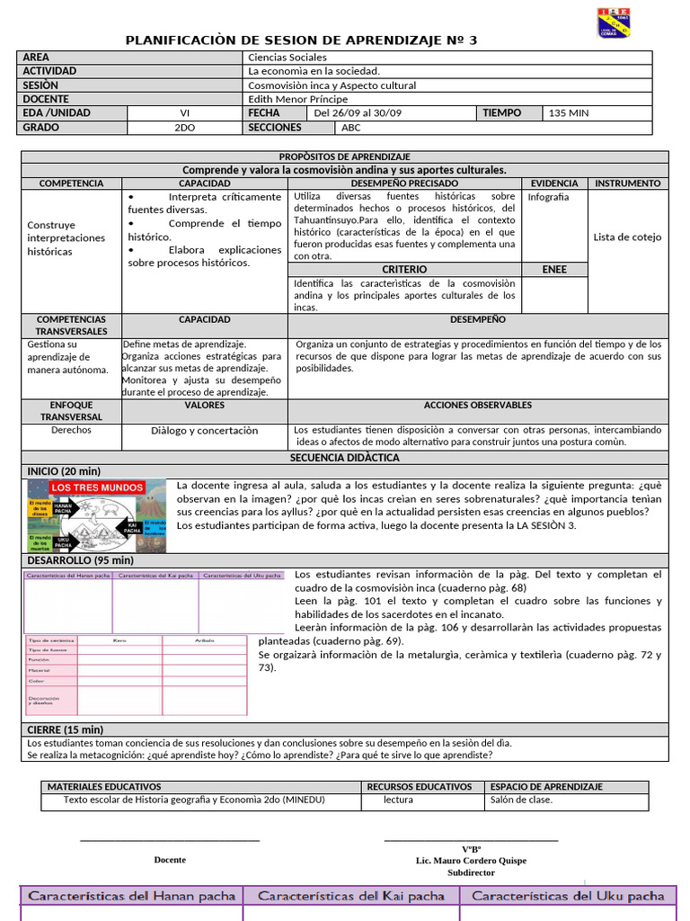 Planificaciòn de Sesion de Aprendizaje #3: Area Actividad Sesiòn Docente Eda /unidad Fecha ...