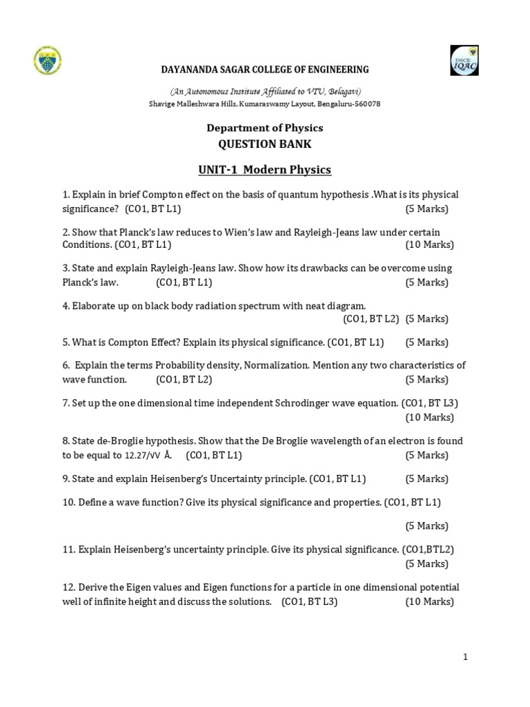 Applied Physics IAT1 Question Bank 2023 | PDF | Laser | Electron
