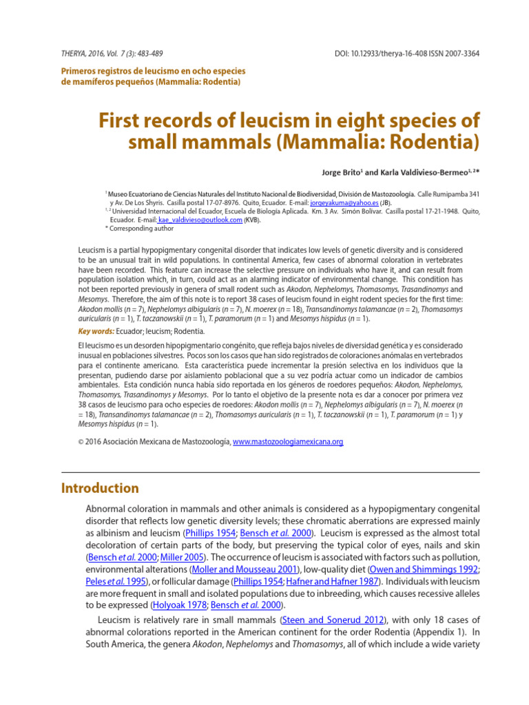 First Records of Leucism in Eight Species of | PDF | Rodent