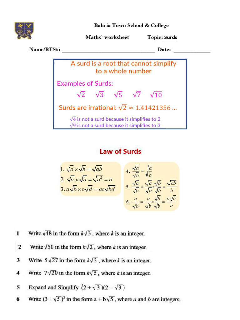 Surds Ref Notes Olevel | PDF