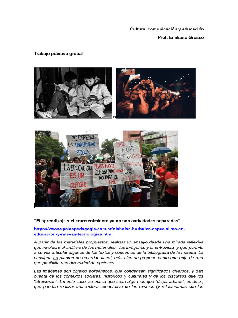 Trabajo Practico Grupal - Cultura Comunicacion y Educacion - 2024 | PDF | Bibliografía | Ensayos