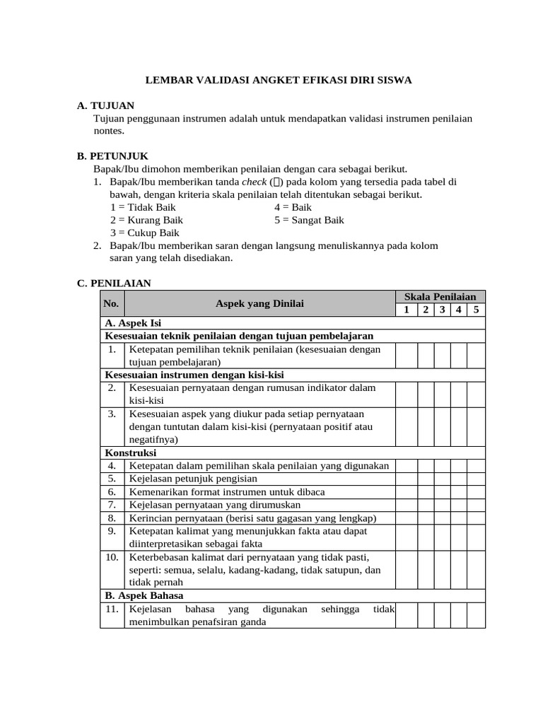 Lembar Validasi Angket Efikasi Diri Siswa | PDF