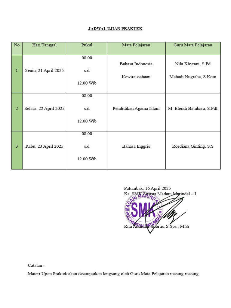 Jadwal Ujian Praktek 2024-2025 | PDF