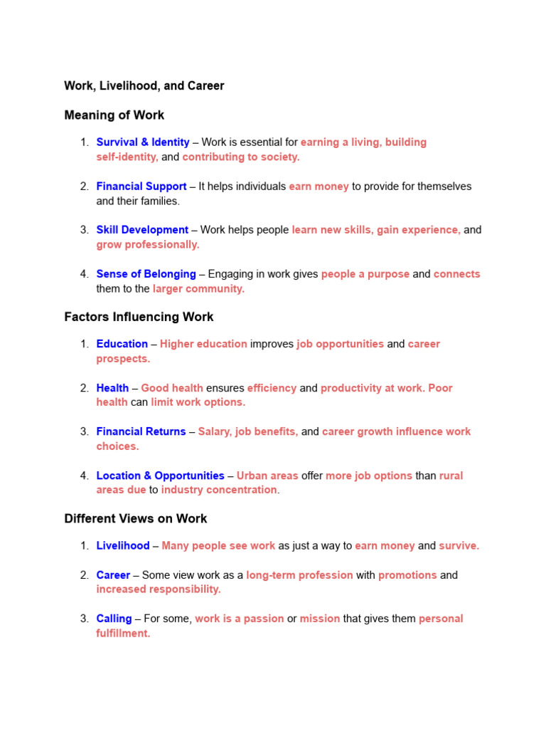 Work, Livelihood, and Career Short Notes | PDF | Diet & Nutrition ...