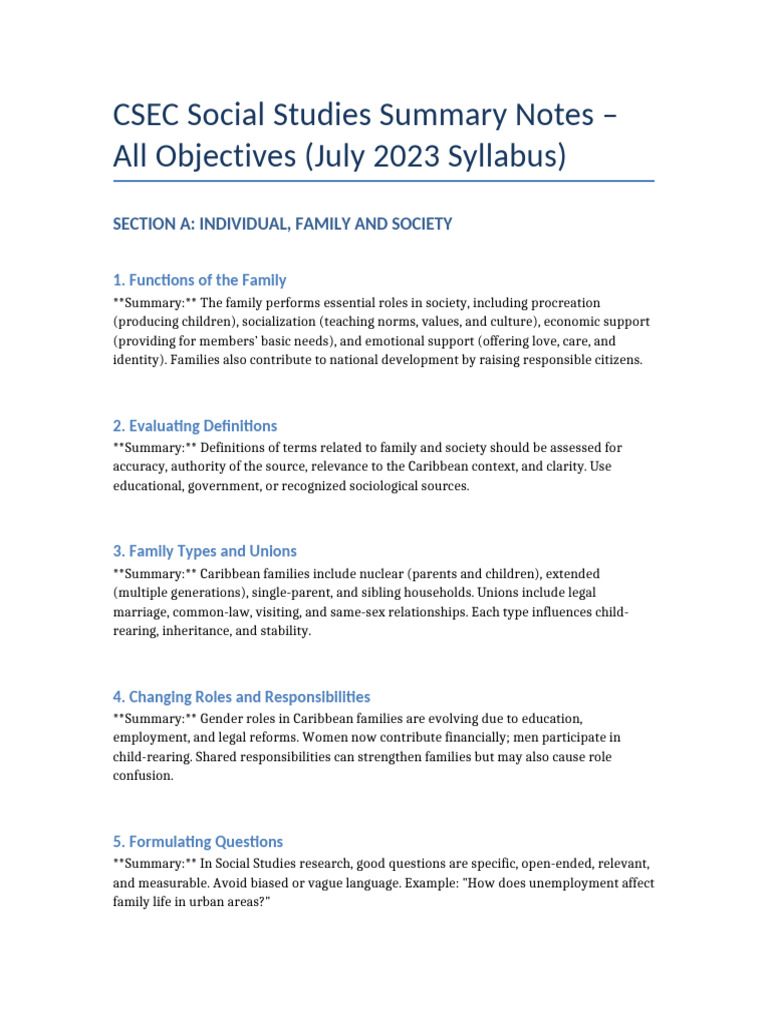 CSEC Social Studies Complete Notes | PDF | Family | Elections