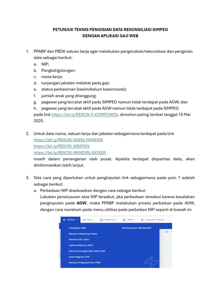 Petunjuk Teknis Pengisian Data Rekonsiliasi Simpeg Dengan Aplikasi Gaji Web | PDF