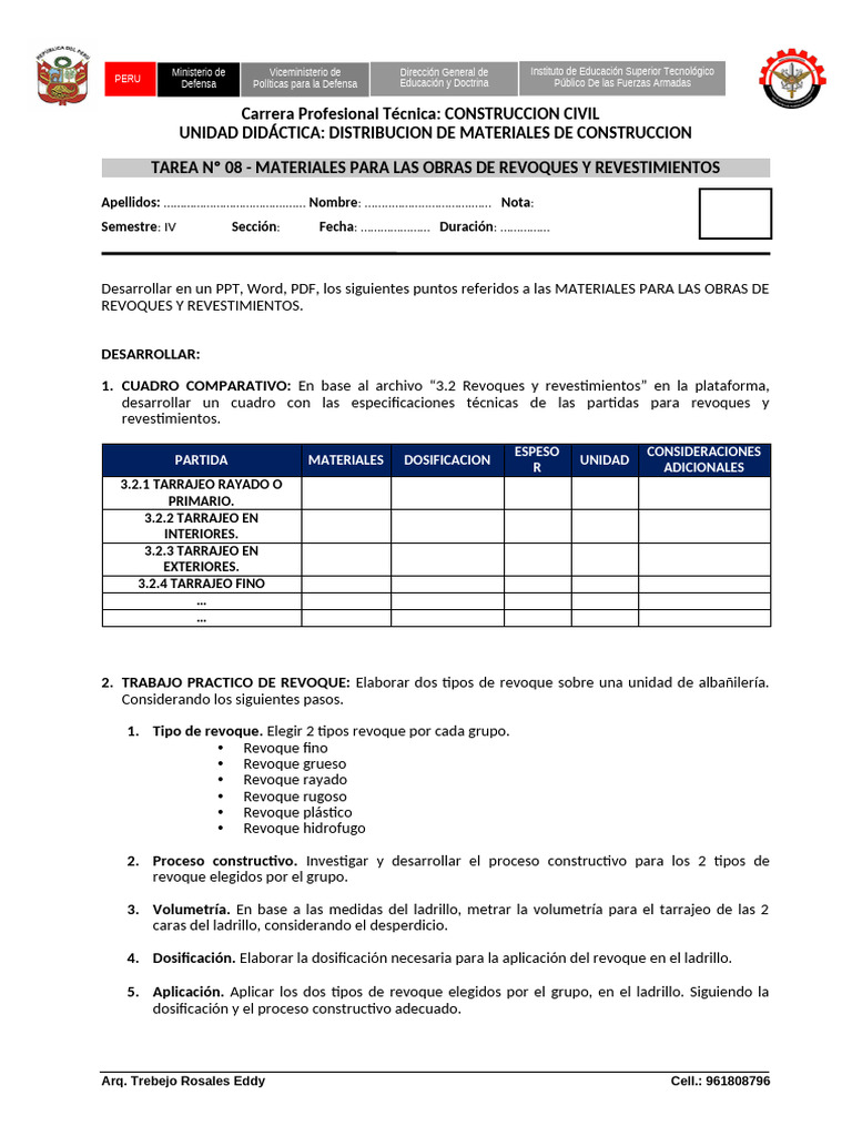 Tarea S08 - Materiales para Las Obras de Revoques y Revestimientos | PDF | Informática