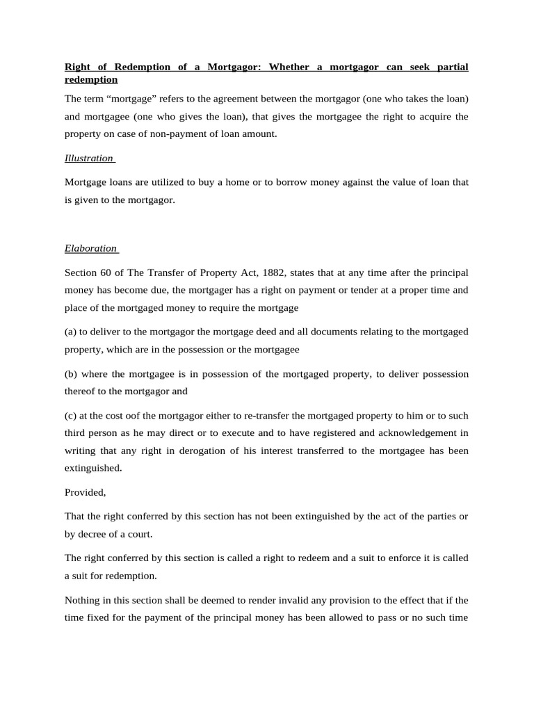 Mortgagor's Right to Partial Redemption | PDF | Mortgage Law | Law And ...