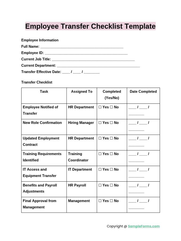 Employee Transfer Checklist Template | PDF