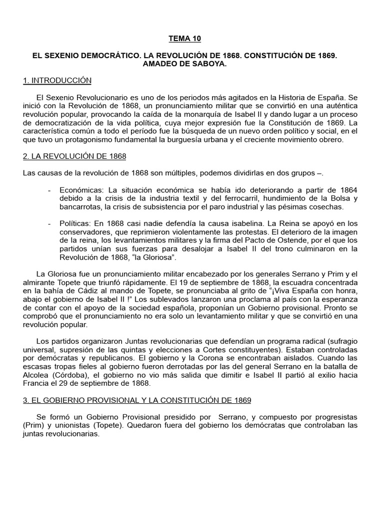 UNIDAD 10. EL SEXENIO DEMOCRÁTICO. LA REVOLUCIÓN . CONSTITUCIÓN DE 1869. AMADEO DE SABOYA. | PDF ...