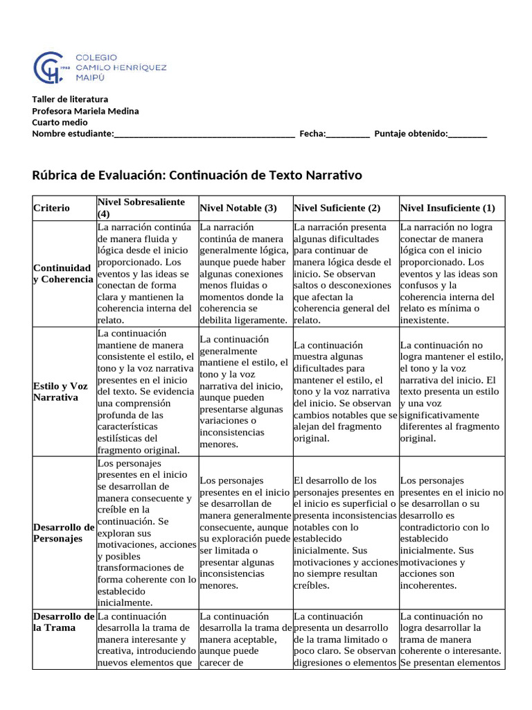 rubrica escritura taller lit | PDF | Narración | Escritura