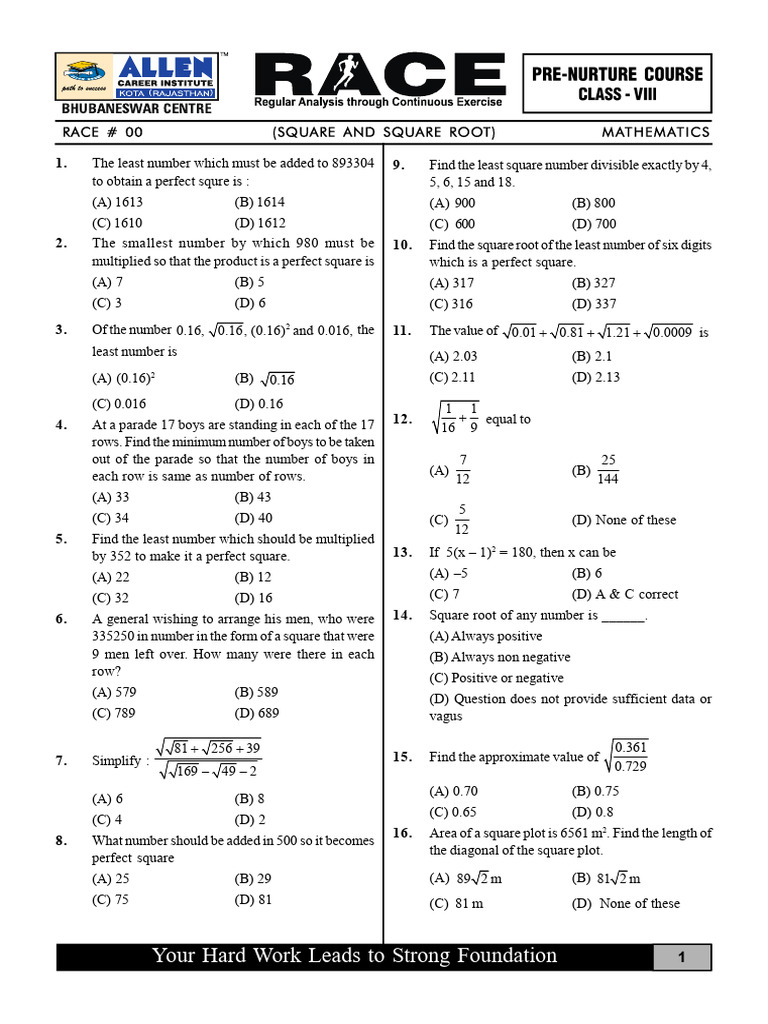 Squares and Roots - Race 00 - FC | PDF | Mathematics | Arithmetic