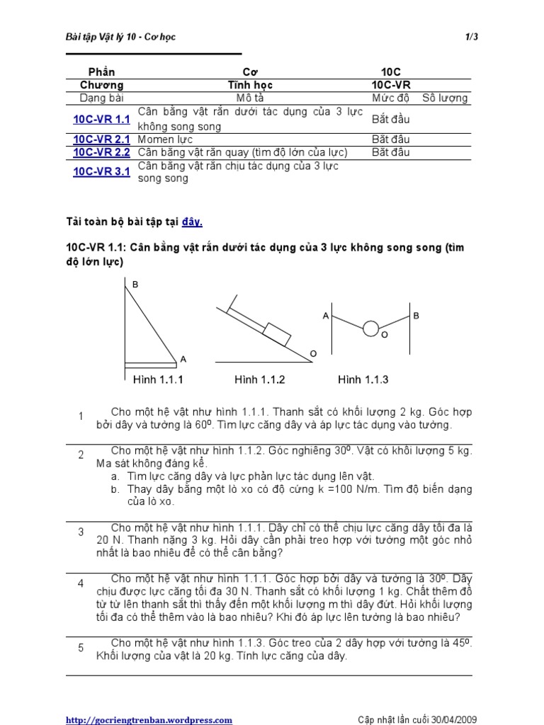 VL10C-VR Bài tập cân bằng vật rắn | PDF
