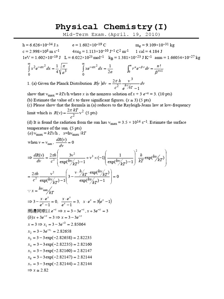Physical Chemistry Mid-Term Exam 2010 | PDF | Electronvolt ...