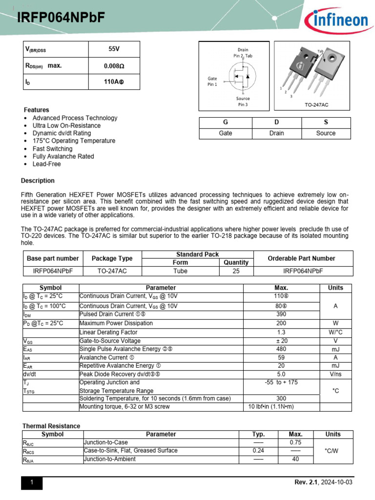 Infineon IRFP064N DataSheet v02 01 en | PDF | Diode | Electronic Engineering