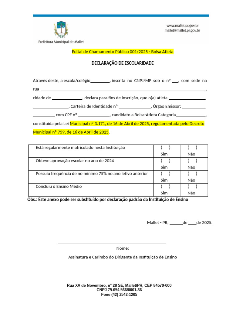 Declaração de Escolaridade | PDF