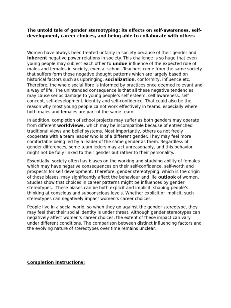 ACTIVITY 1 The Untold Tale of Gender Stereotyping | PDF | Stereotypes ...