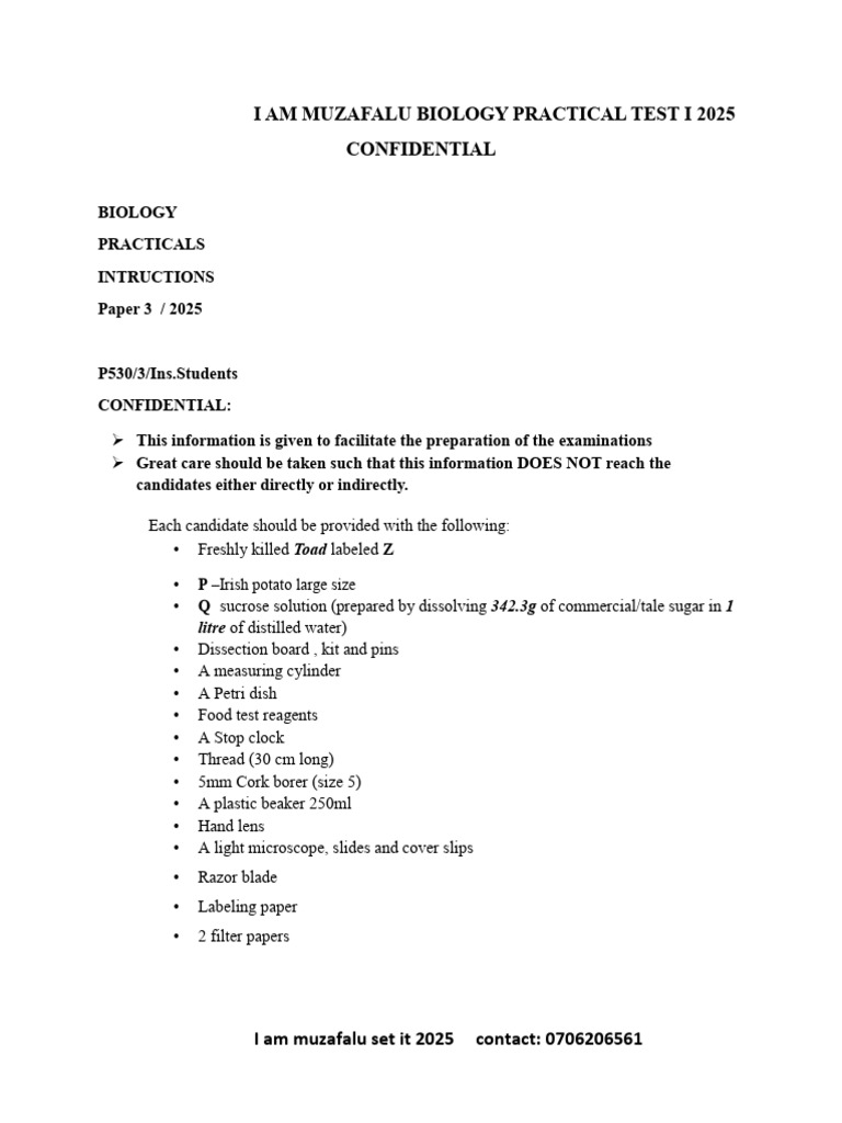 Biology Practical Test Instructions 2025 | PDF