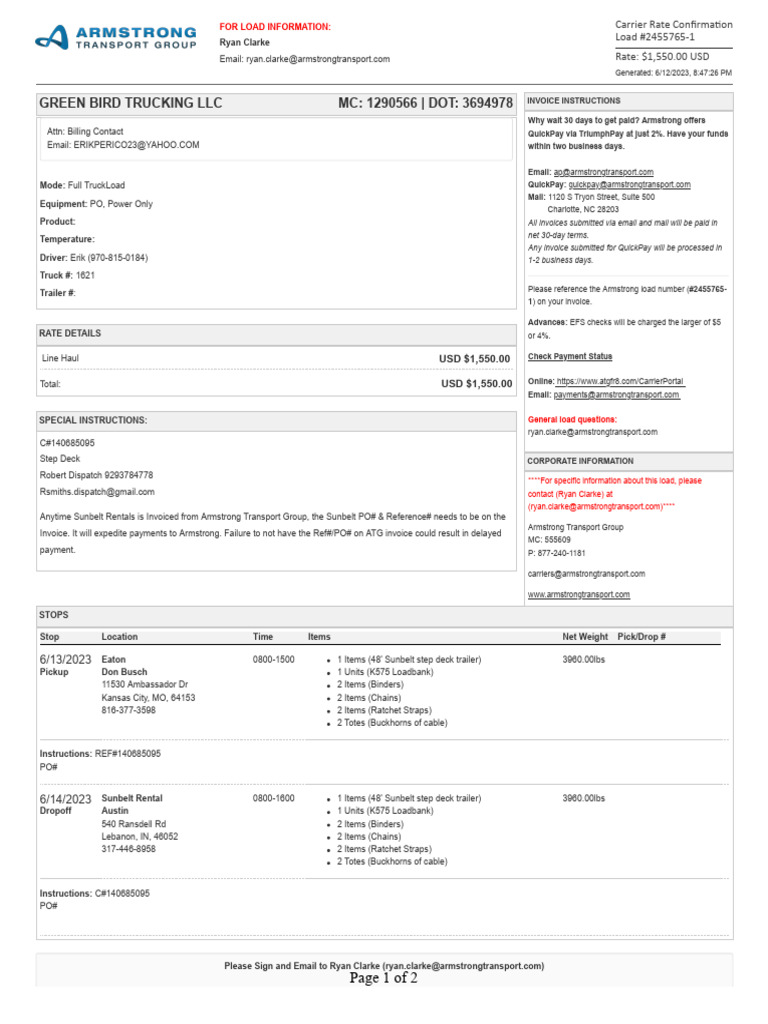 Carrier Rate Confirmation for Load #2455765-1 | PDF | Cargo | Freight ...