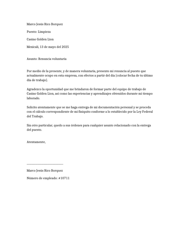 Carta Renuncia Marco Rico Golden Lion | PDF