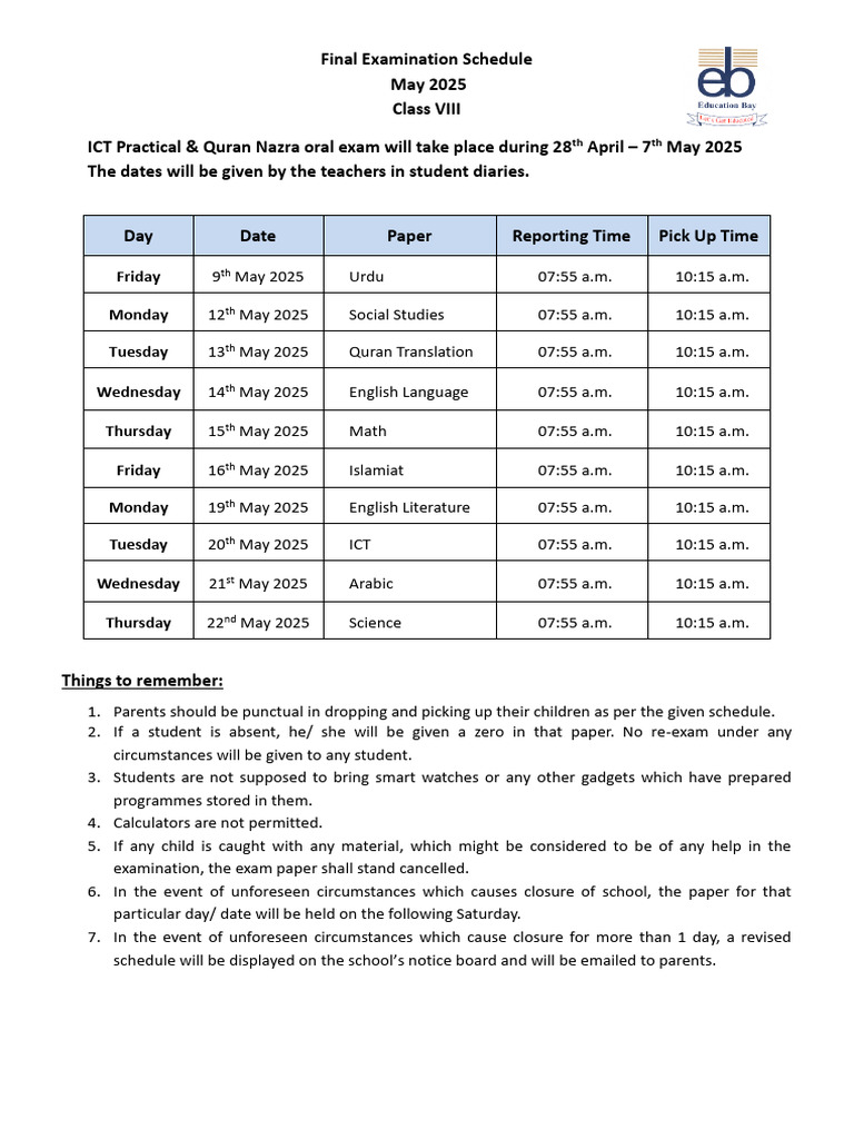 Final Exam Timetable Class VIII - April - May 2025 | PDF