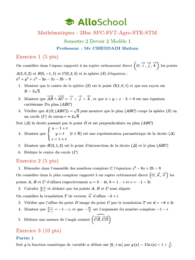 Math 2bac SPC Semestre 2 Devoir 2 Modele 1 4 | PDF