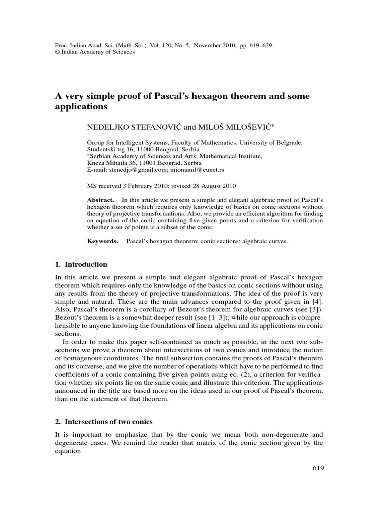 A Very Simple Proof of Pascal's Hexagon Theorem and Some Applications | PDF | Line (Geometry ...