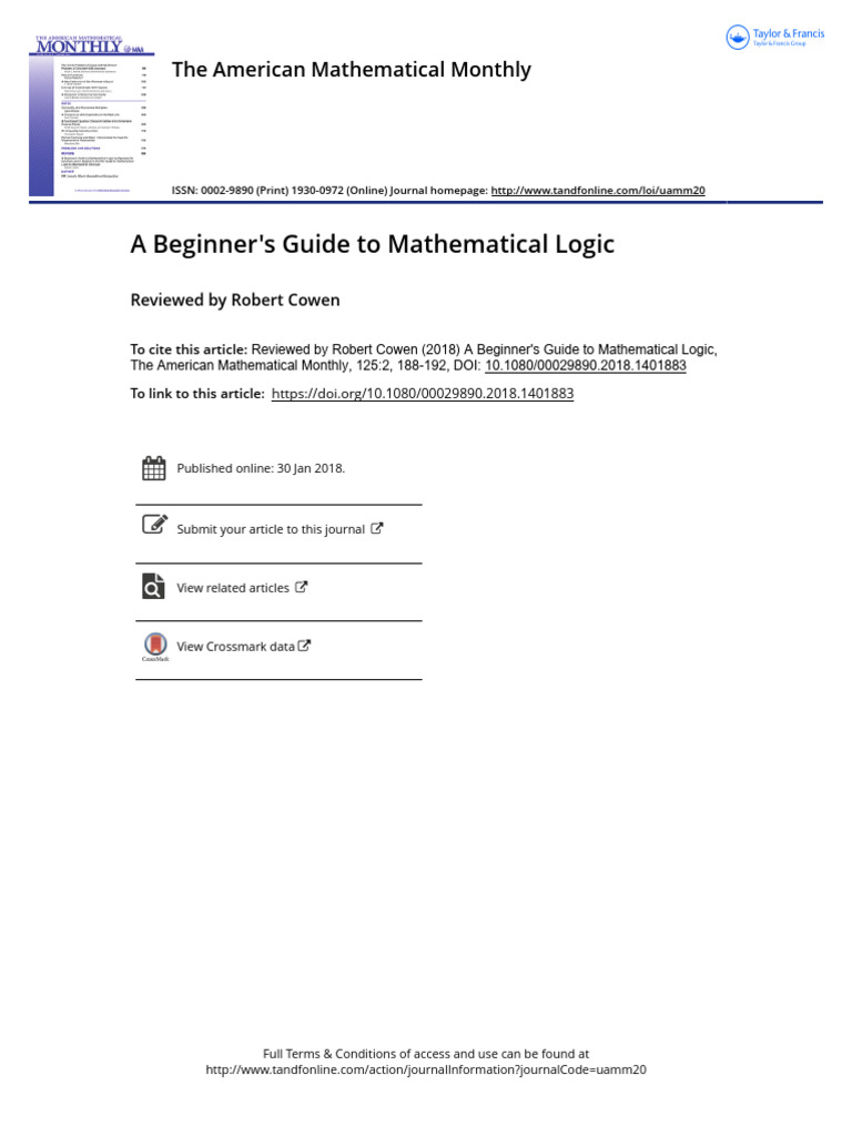 A Beginner's Guide To Mathematical Logic | PDF | Mathematical Logic | First Order Logic