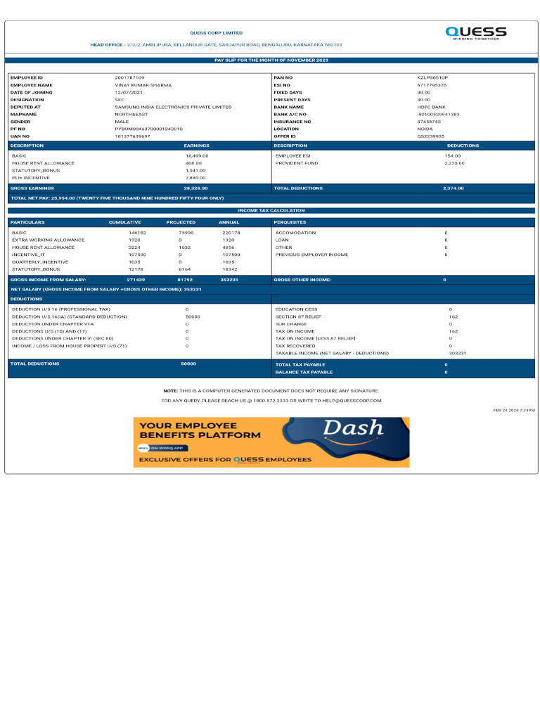VINAY_KUMAR_SHARMA_November 2023_Salary Slip - November-2023 (2) | PDF