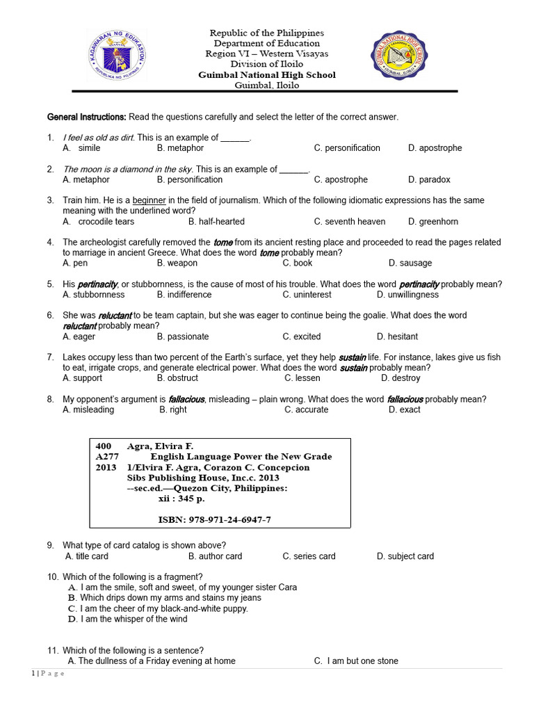 Grade 7 SPJ Placement Test 1 | PDF