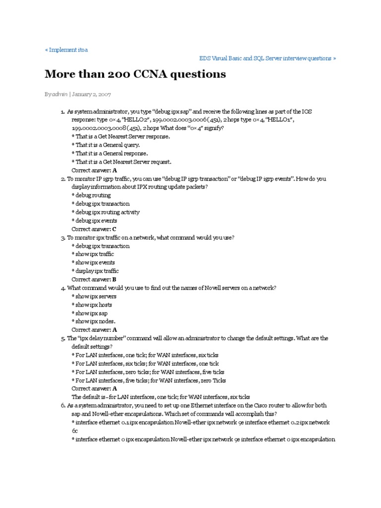 More Than 200 CCNA Questions: Implement Itoa EDS Visual Basic and SQL Server Interview Questions ...