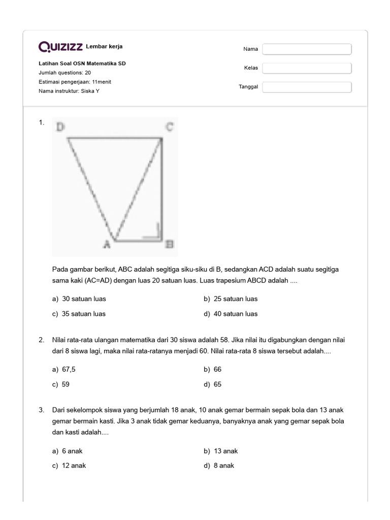 Latihan Soal OSN Matematika SD _ Quizizz | PDF