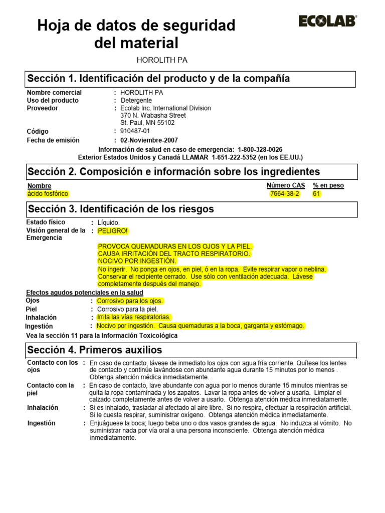 Horolith PA - SDS | PDF | Agua | Corrosión