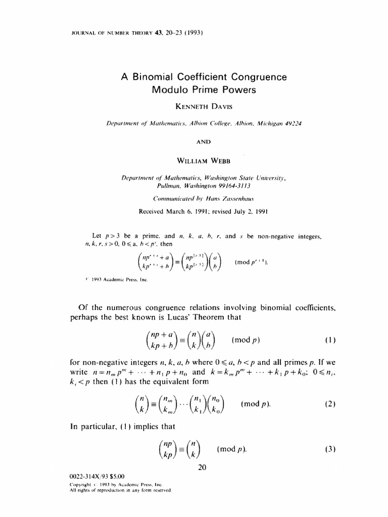 A Binomial Coefficient Congruence Modulo Prime Powers | PDF