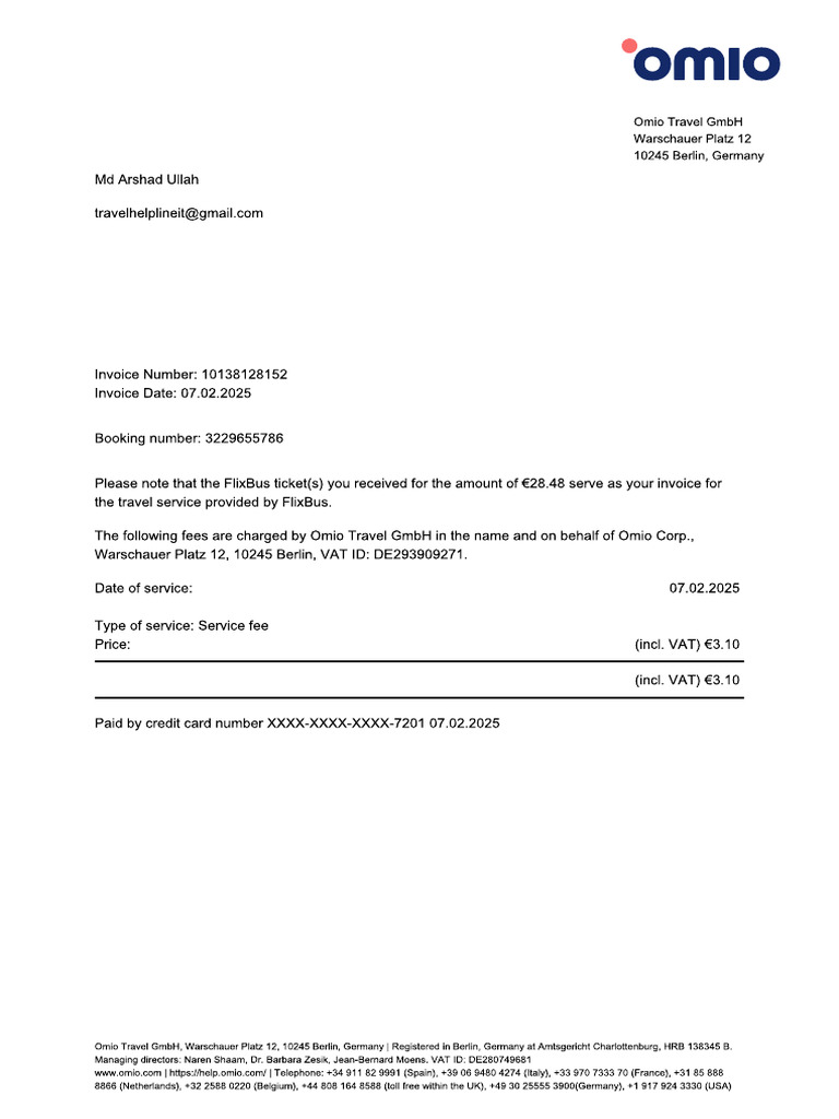 Omio Invoice 3229655786 | PDF