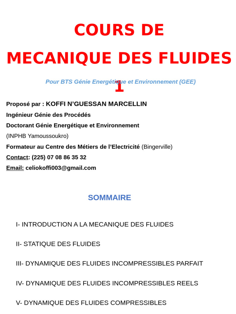 Cours de Mécanique des Fluides GEE | PDF | Pression | Fluide