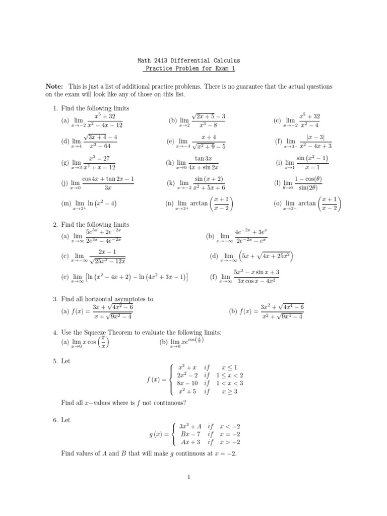 Practice Problems For Exam 1 | PDF | Trigonometric Functions | Asymptote