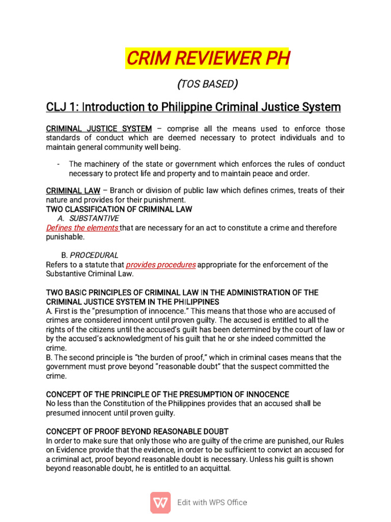 CLJ 1 Introduction To Philippine Criminal Justice System | PDF | Presumption Of Innocence | Arrest