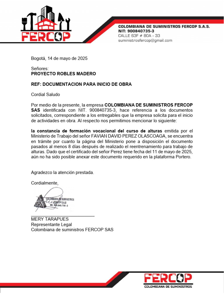 Documentación para Inicio de Obra FERCOP | PDF