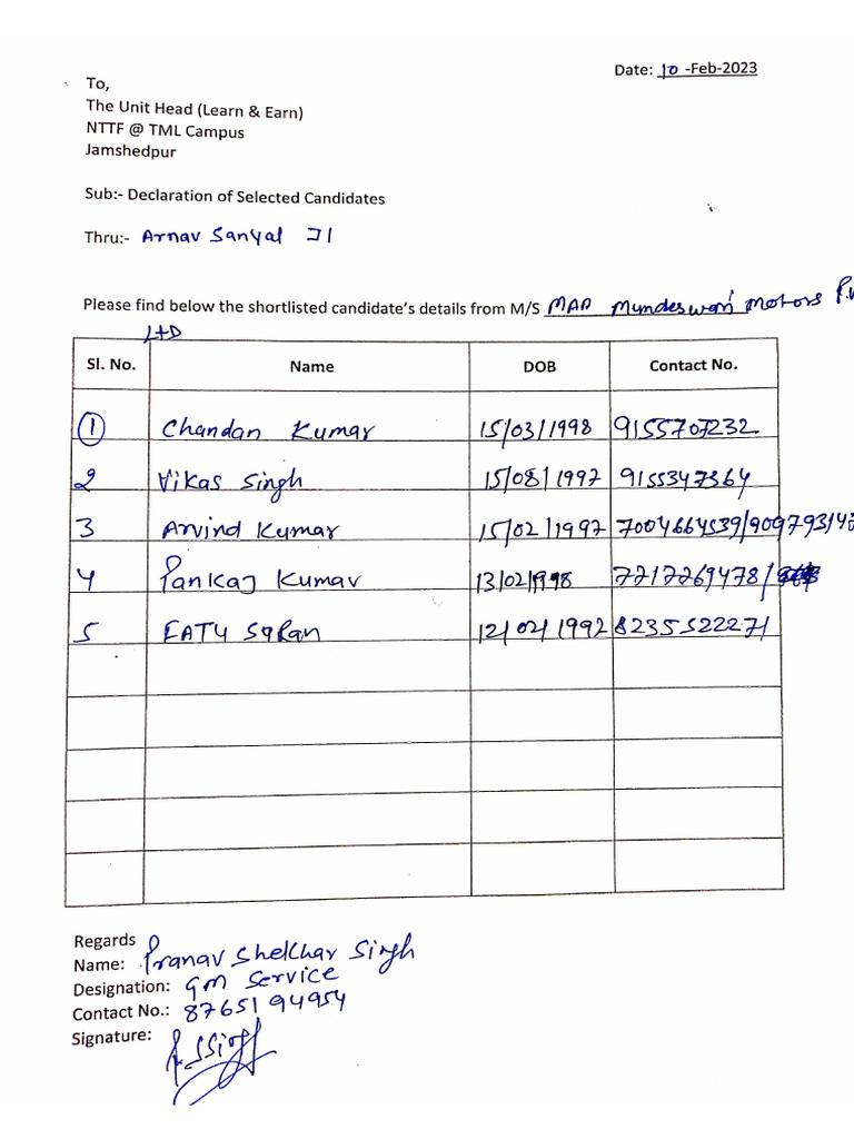 Placement Selected Candidates List | PDF