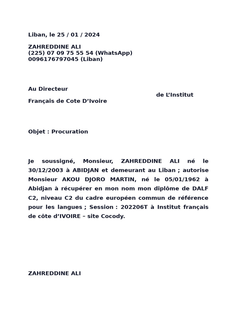 Procuration Diplome ALI ZAHREDDINE | PDF