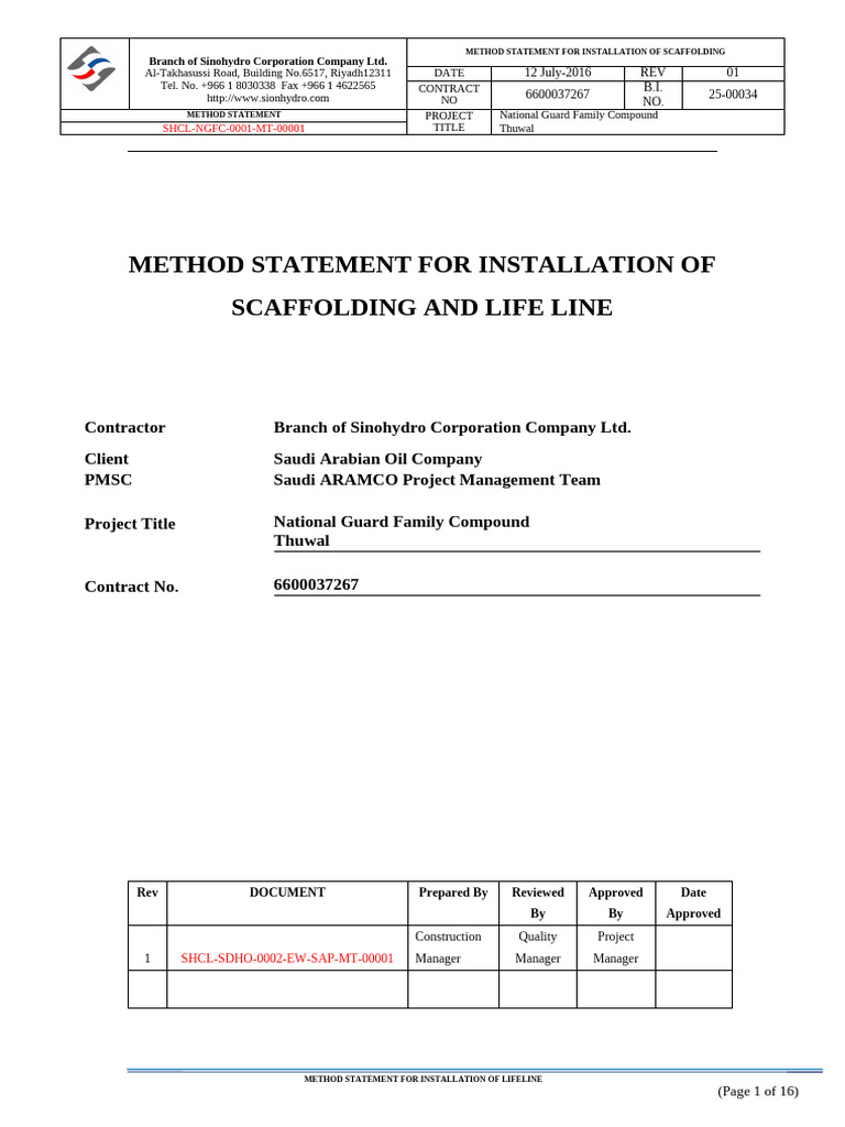 Method Statement For Installation of Scaffold and Lifeline | PDF | Scaffolding | Safety