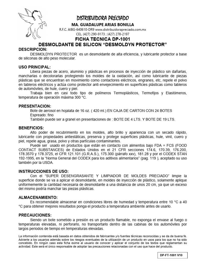 FICHA TECNICA DESMOLDYN PROTECTOR (DP-1001) v10 | PDF | Silicona | Lubricante