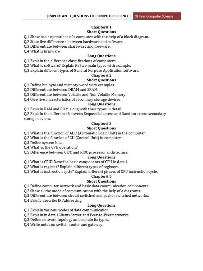 Important Questions For XI Year Computer Science | PDF | Random Access ...