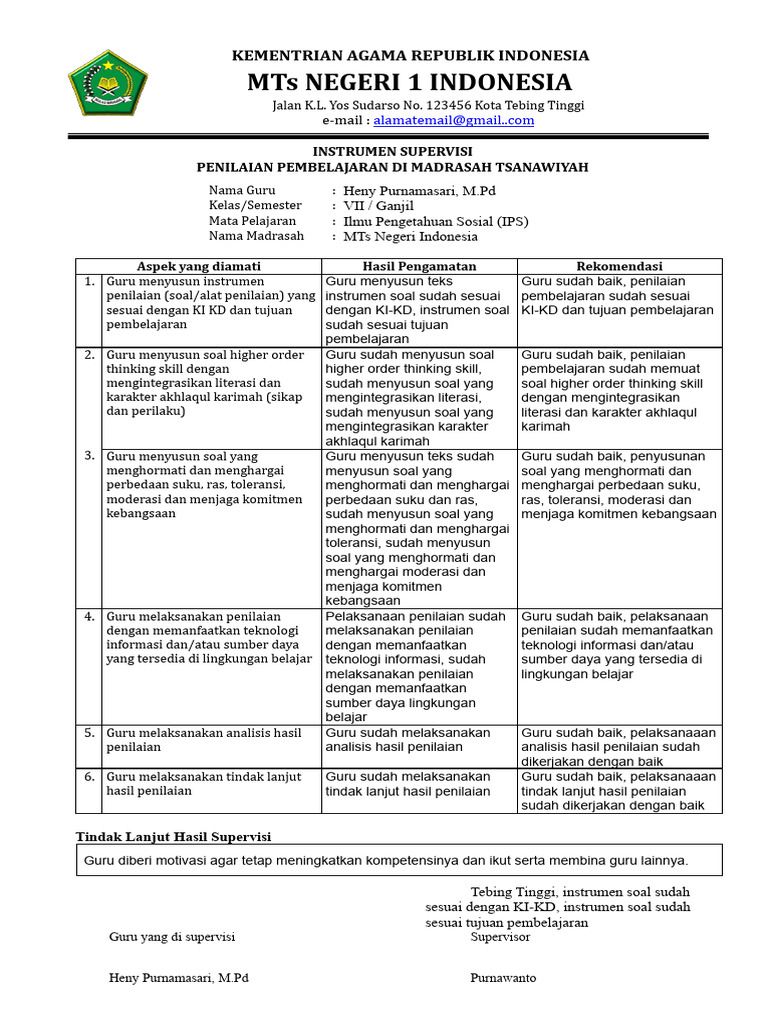 Hasil SupAk Penilaian Pembelajaran Heny Purnamasari, M.PD | PDF